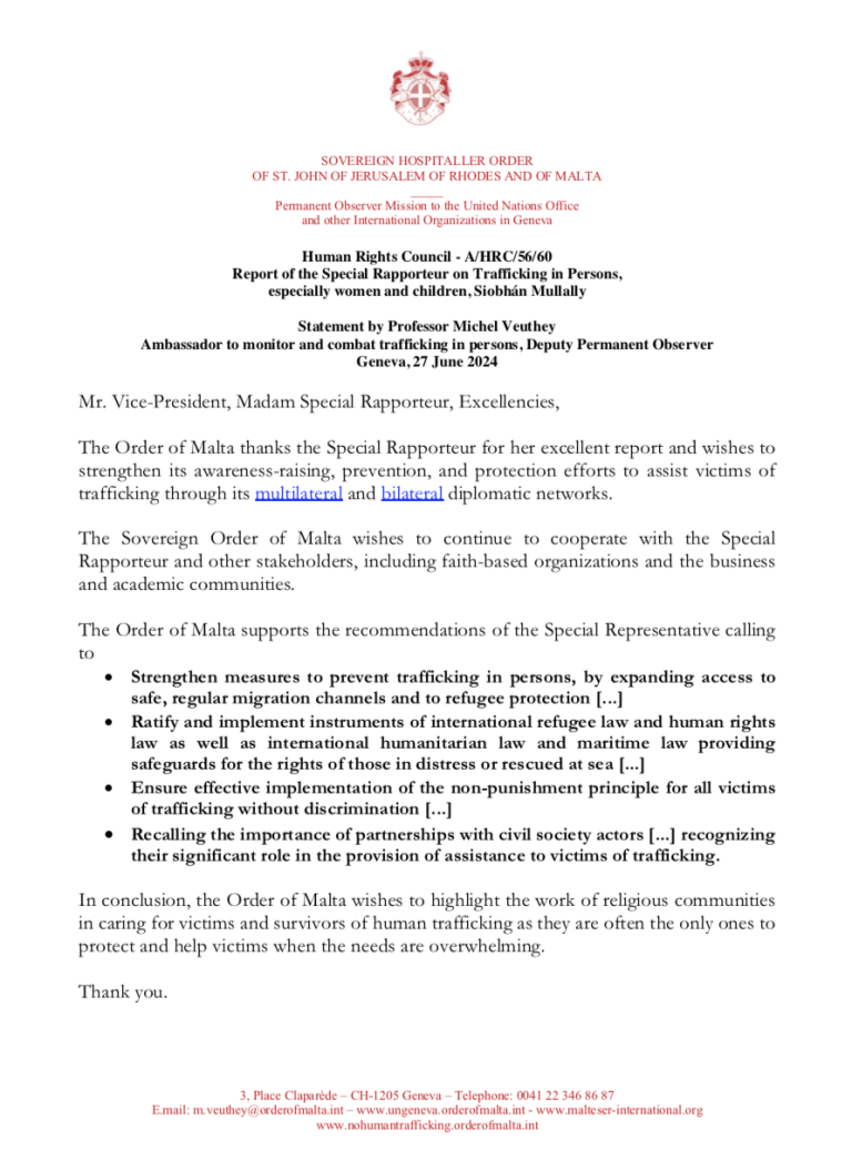Statement on Human Trafficking – 56th Session of the United Nations Human Rights Council ...